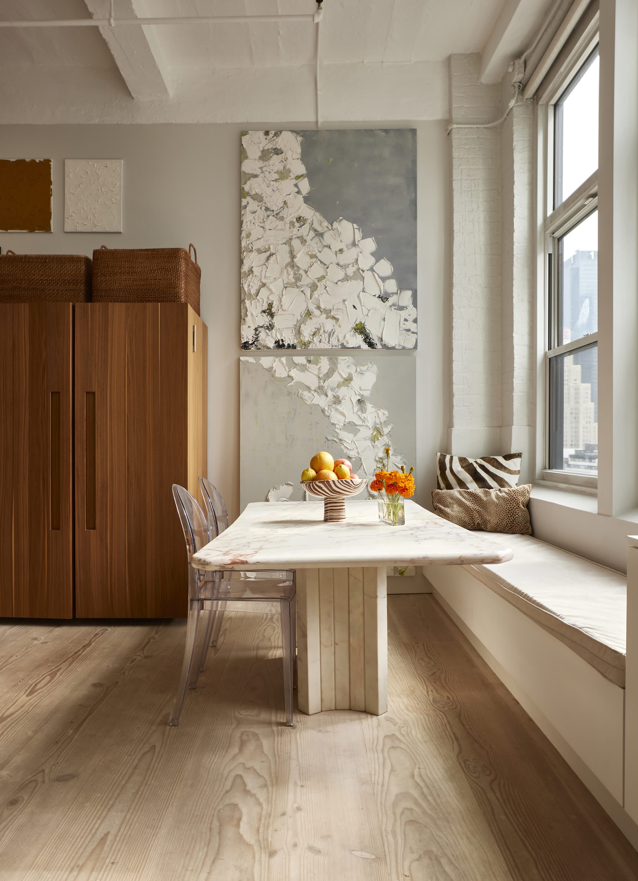 Dining room table with bench against wall store